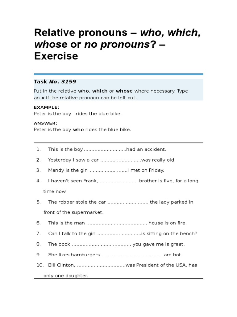 Whose or No Pronouns? - : Relative Pronouns - Who, Which, Exercise ...