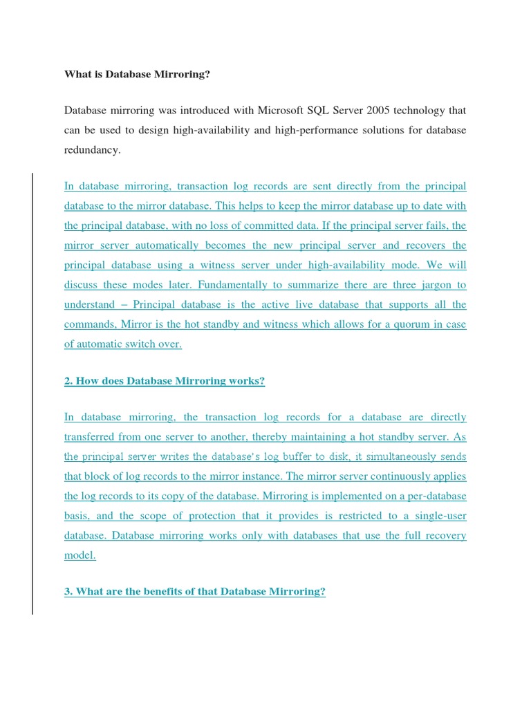 SQL Interview Questions - DB Mirroring | PDF | Microsoft Sql Server | Databases