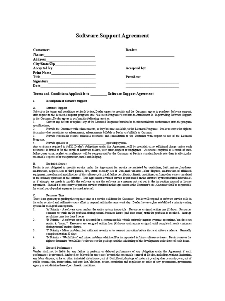 Software Support Agreement: Name | PDF | Fee | Contractual Term