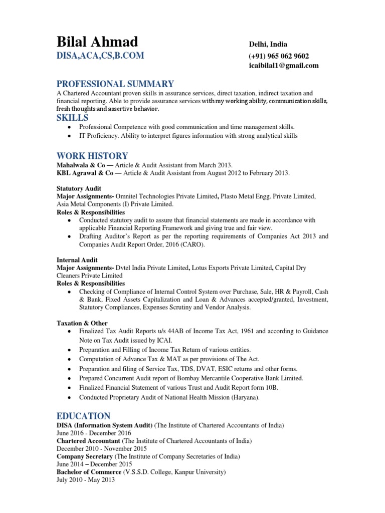 CA Bilal Ahmad Resume 1 | PDF | Auditor's Report | Audit