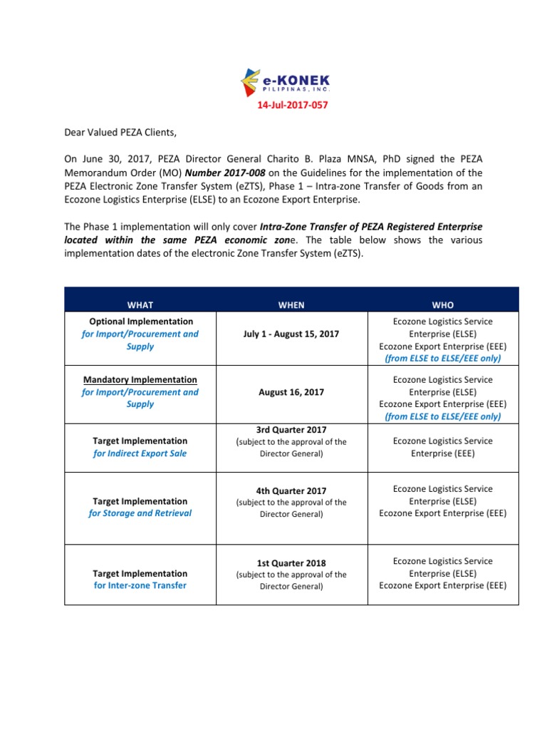 Advisory PEZA Electronic Zone Transfer System (EZTS) | PDF | Logistics ...