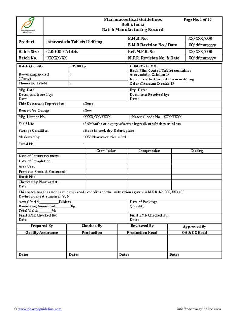 Sample BMR (1) | Tablet (Pharmacy) | Chemistry