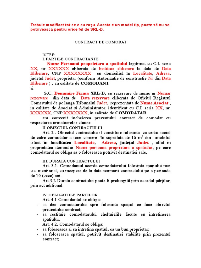 Model Contract de Comodat | PDF