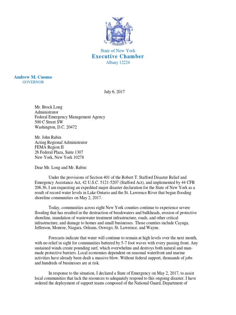 Governor Cuomo Letter To FEMA 7.6.17 | PDF | Federal Emergency ...