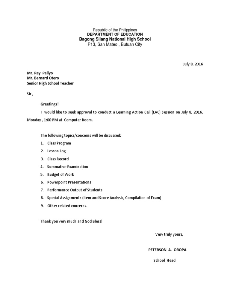 Letter For LAC SESSIONS