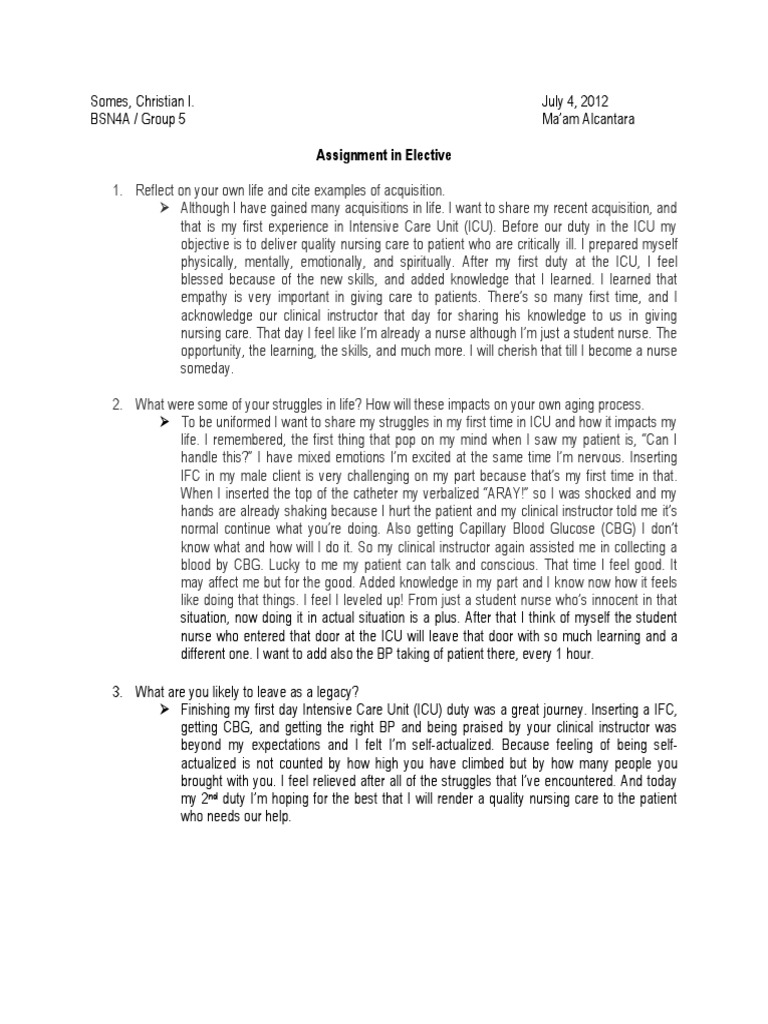 Assignment in Elective | PDF | Intensive Care Unit | Nursing