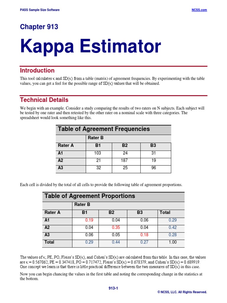 Kappa Estimator: Table of Agreement Frequencies | PDF | Statistical ...