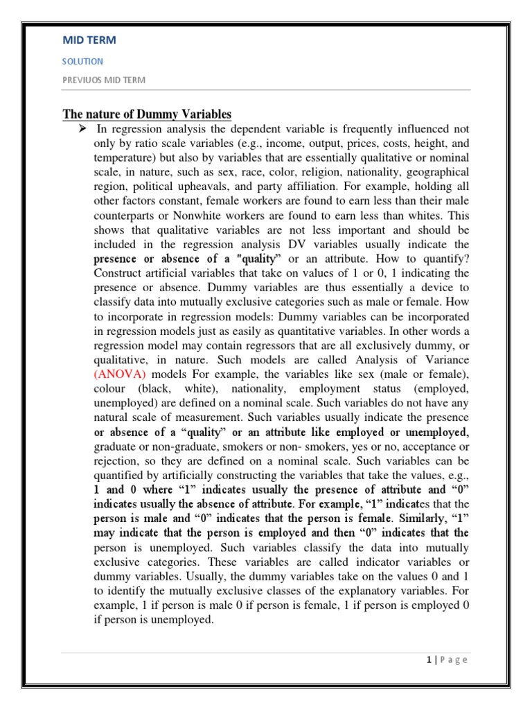 The Nature of Dummy Variables: Mid Term | PDF | Dummy Variable ...