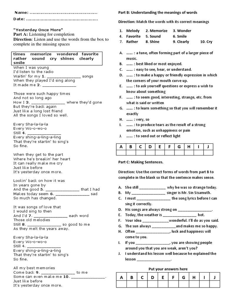 Yesterday Once More Exercise | PDF | Entertainment (General) | Leisure