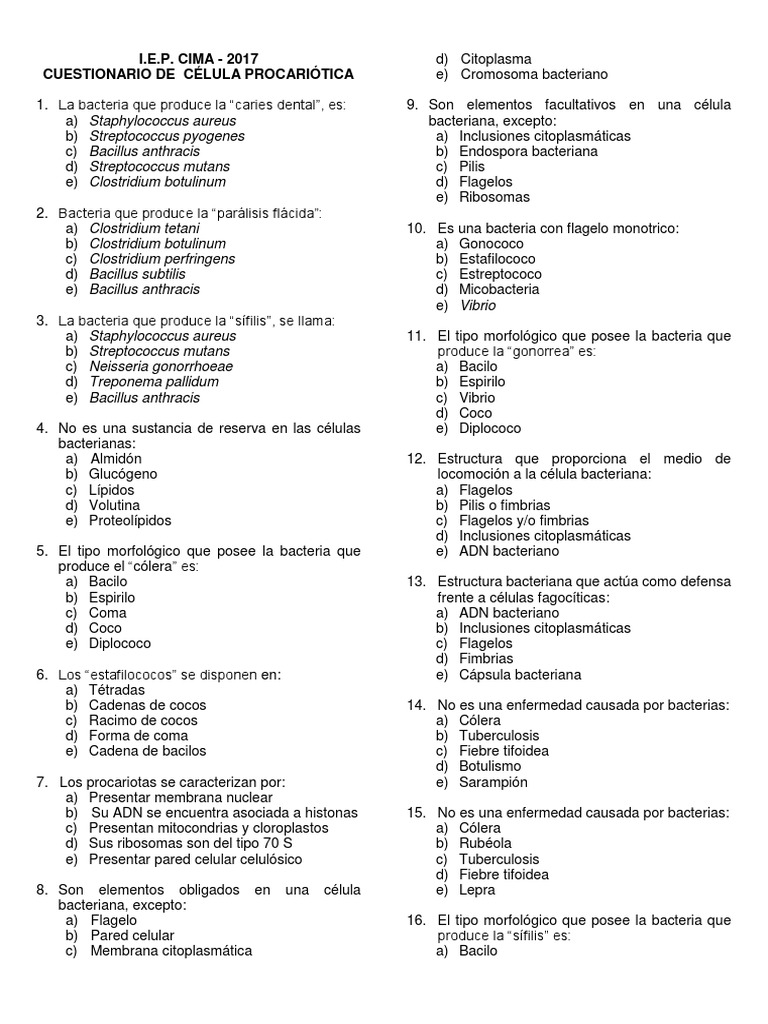 Cuestionario de Celula Procariota | PDF | Las bacterias | Biología Celular)