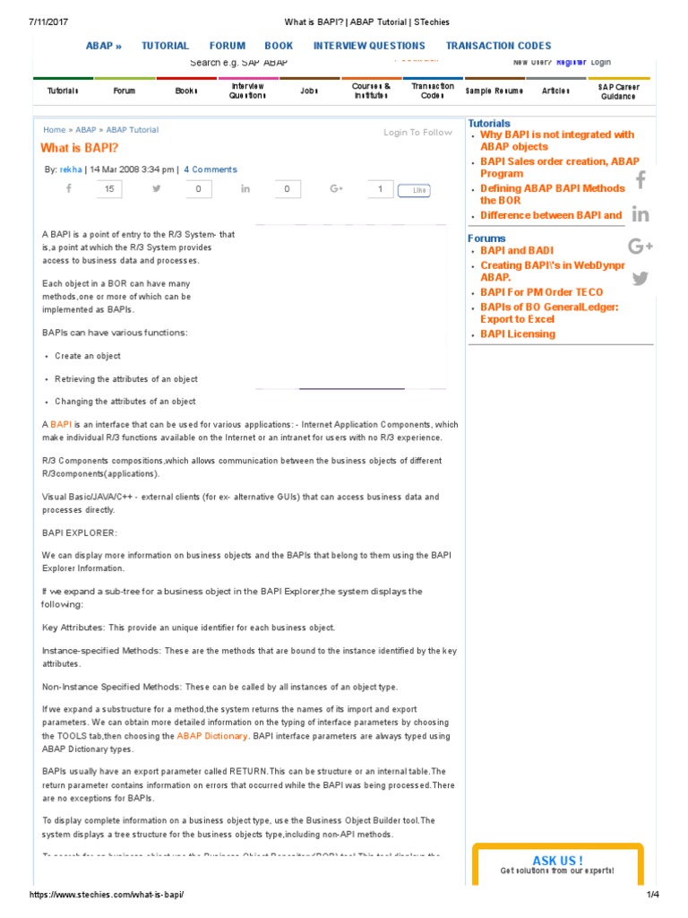 What Is BAPI - ABAP Tutorial - STechies | PDF | Object (Computer Science) | Digital Technology