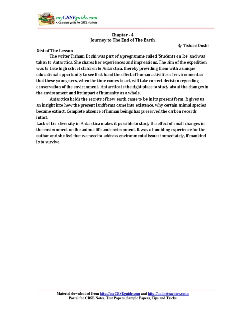 Chapter - 4 Journey To The End of The Earth Gist of The Lesson | PDF