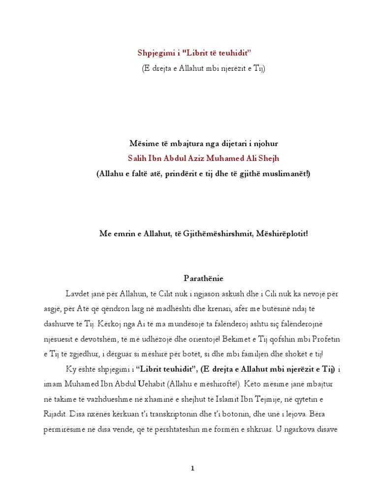 Libri I Teuhidit Shejh Salih Ali Shejh | PDF