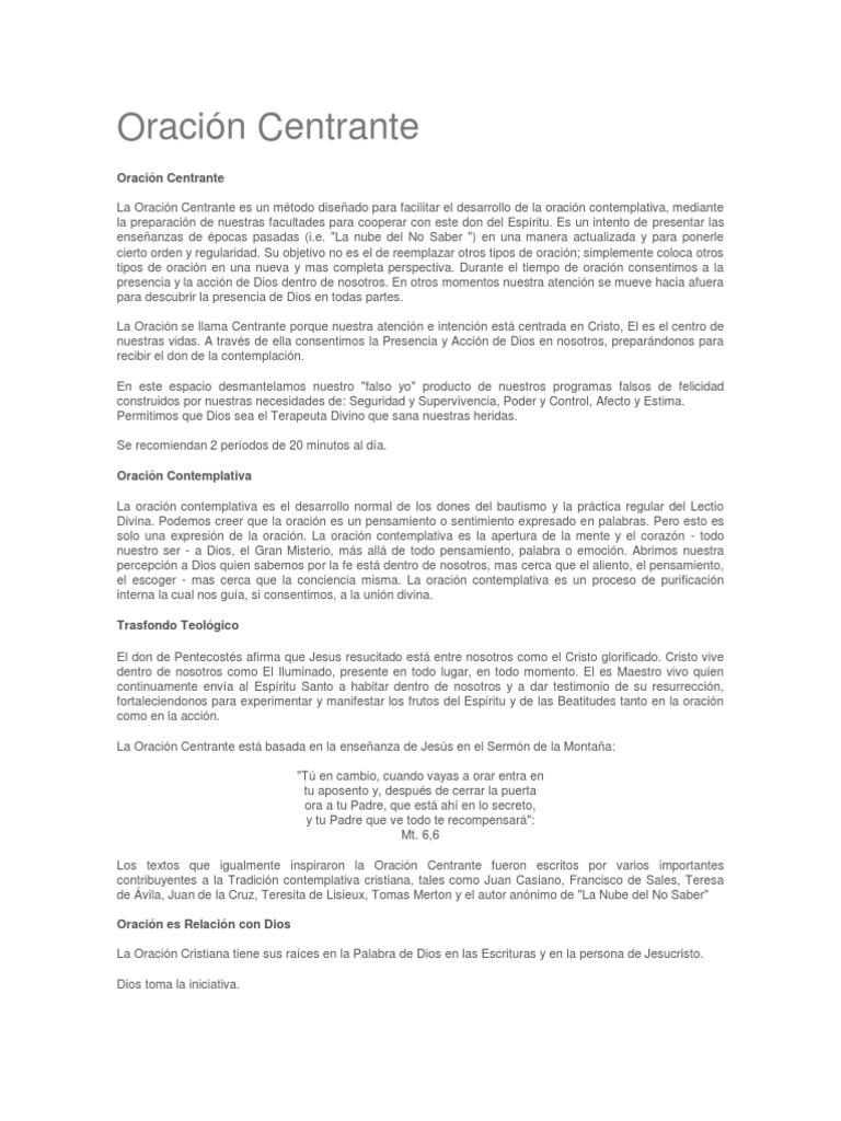 Oración Centrante: Método Contemplativo | PDF | Oración | espíritu Santo