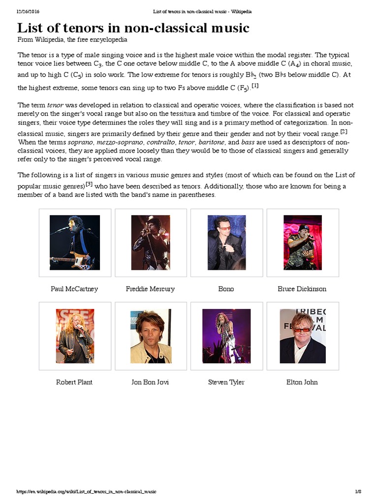 List of Tenors in Non-Classical Music - Wikipedia | PDF | Singing ...