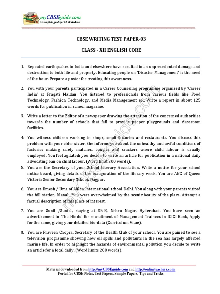 12 English Core Writing Test 03 | PDF