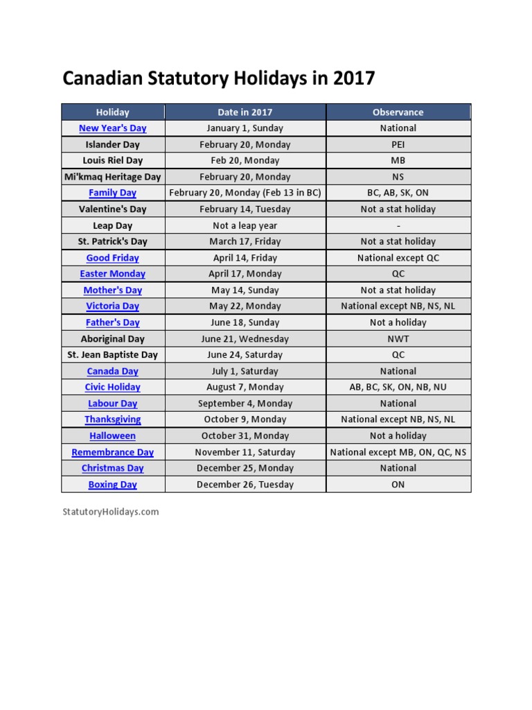 Canadian Statutory Holidays 2017 | PDF