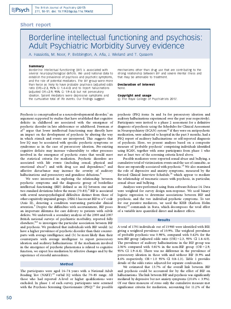 Borderline Intellectual Functioning and Psychosis: Adult Psychiatric ...