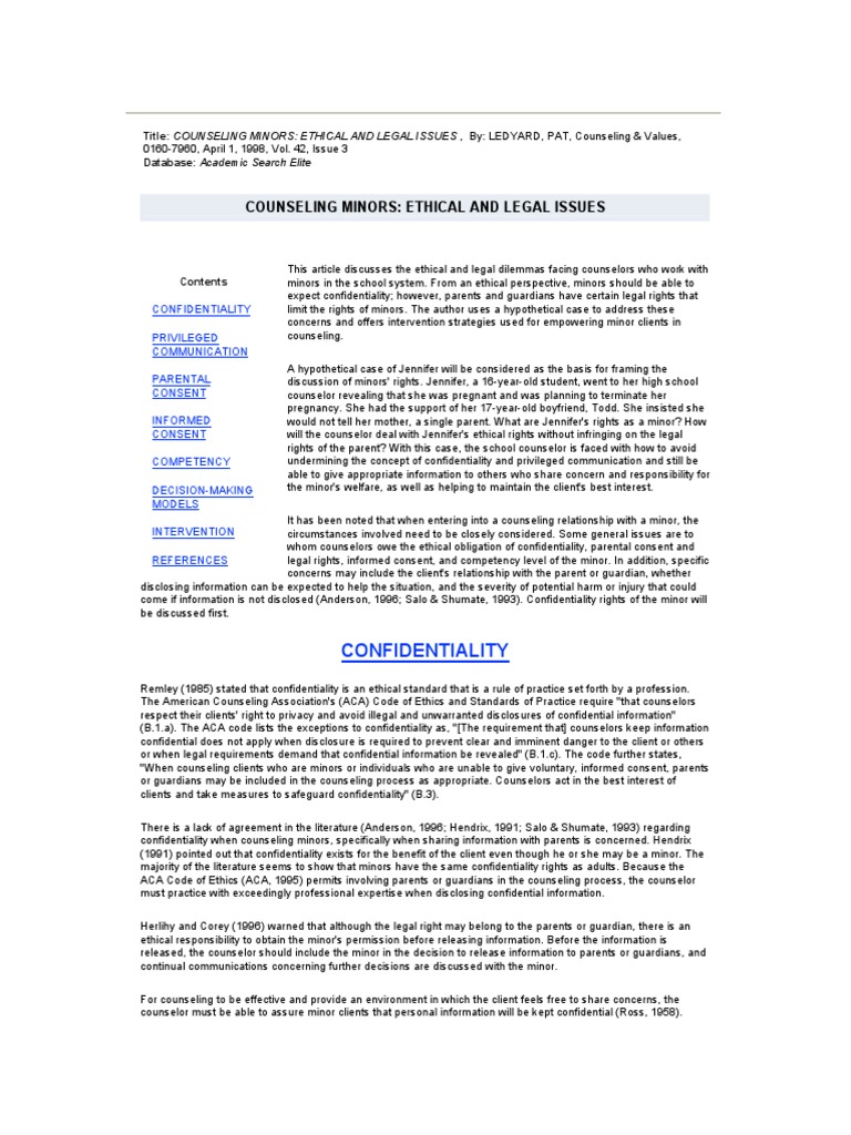 Counseling Minors - Ethical and Legal Issues | PDF | Confidentiality ...