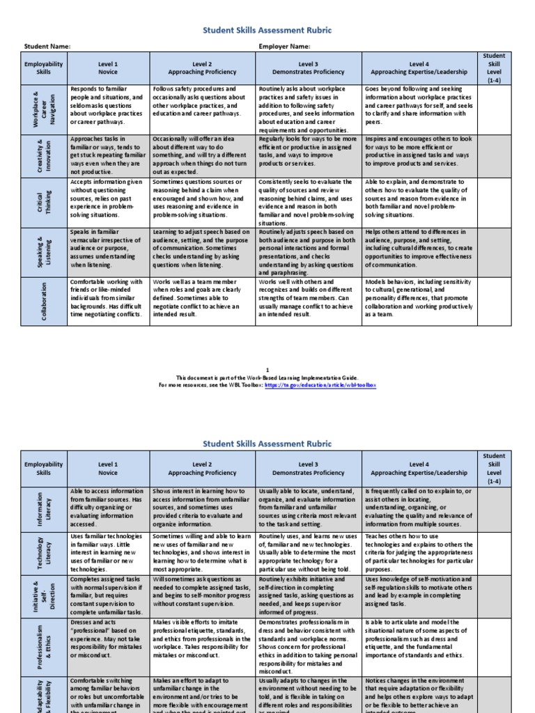 WBL Student Skills Assessment Rubric PDF | PDF | Educational Assessment ...