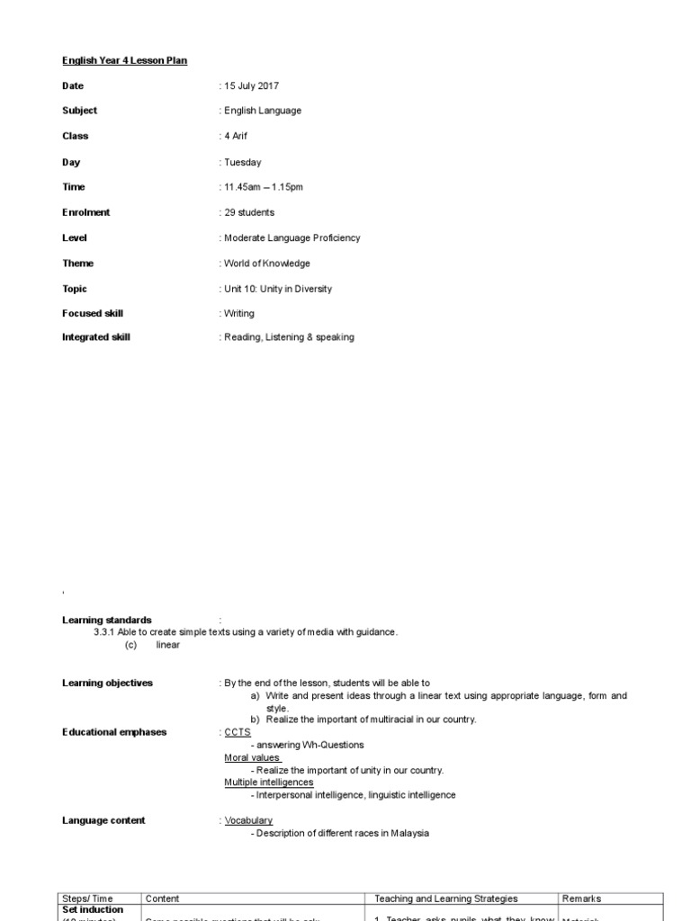 English Year 4 Lesson Plan Date Subject Class Day Time Enrolment Level ...