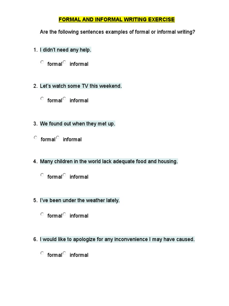 Formal vs Informal Writing Exercise | PDF