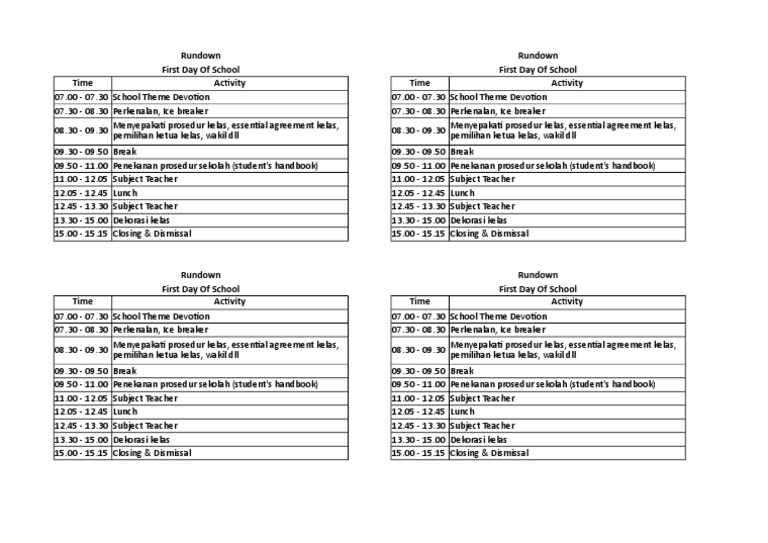 Rundown Rundown First Day of School First Day of School Time Activity ...