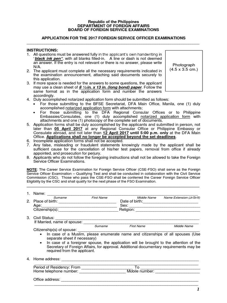 2017 Philippines Foreign Service Officer Exam Application | PDF ...