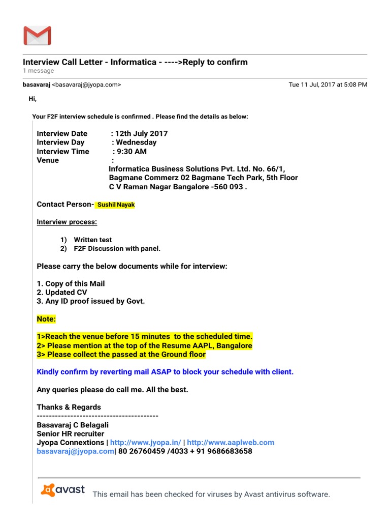 Gmail - Interview Call Letter - Informatica - Reply To Confirm | PDF