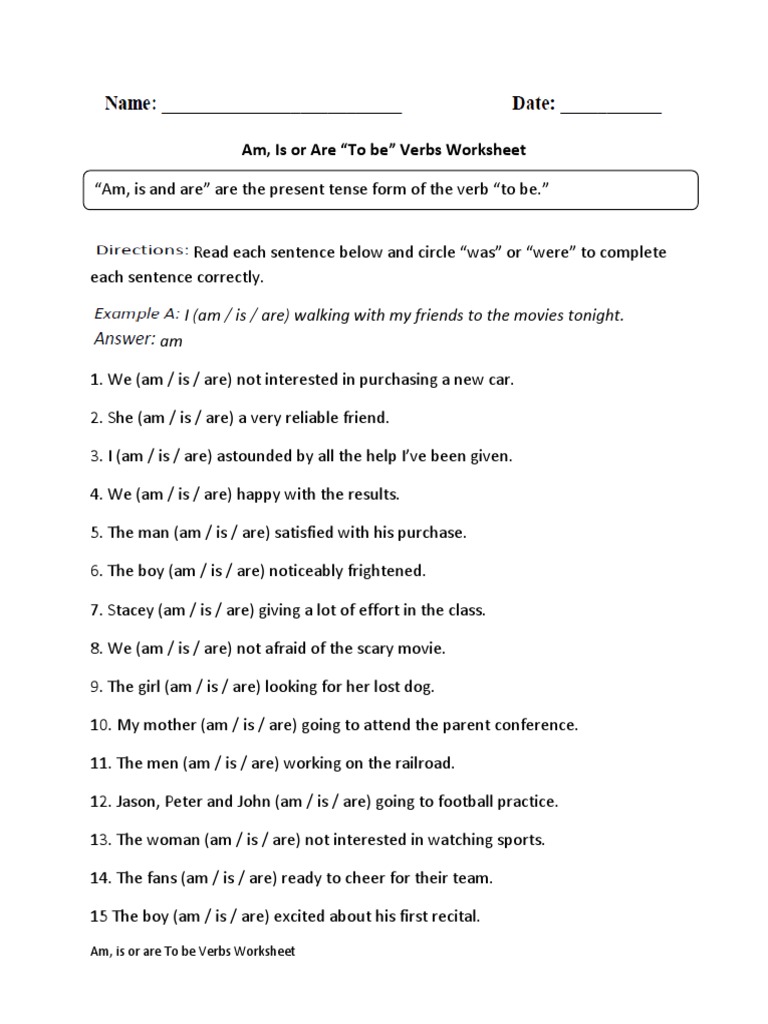 "To Be" Verbs Worksheet: Am, Is, Are | PDF