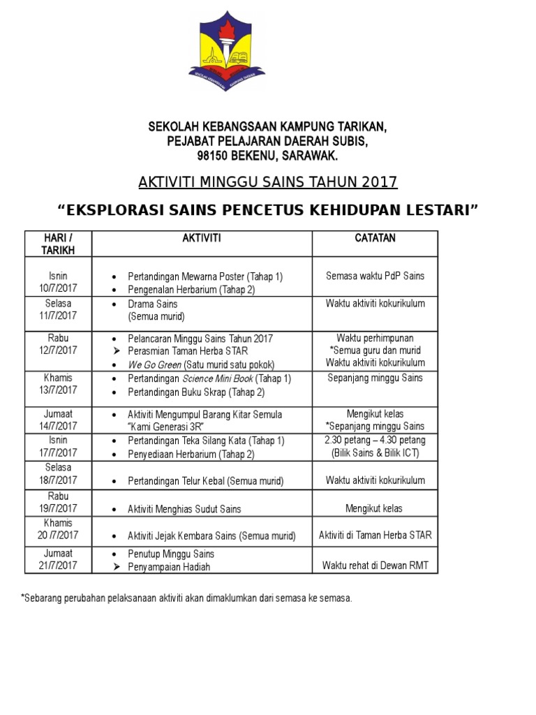Jadual Aktiviti Minggu Sains | PDF Jadual Aktiviti Minggu Sains | PDF
