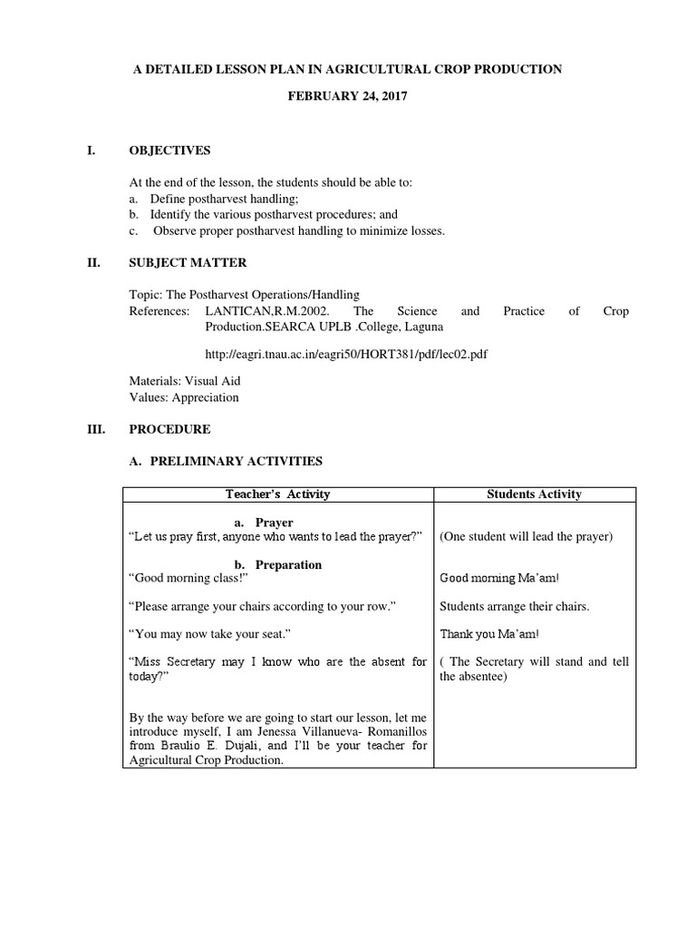 A Detailed Lesson Plan in Agricultural C | PDF | Postharvest | Vegetables