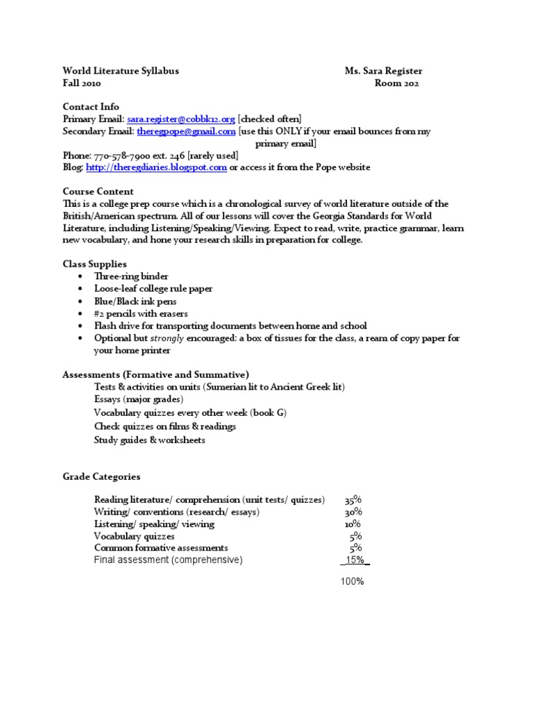 World Literature Syllabus Fall | PDF