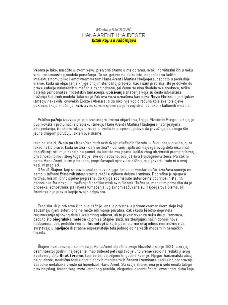 Hana Arent I Hajdeger, Bitak Koji Rassccinjava | PDF