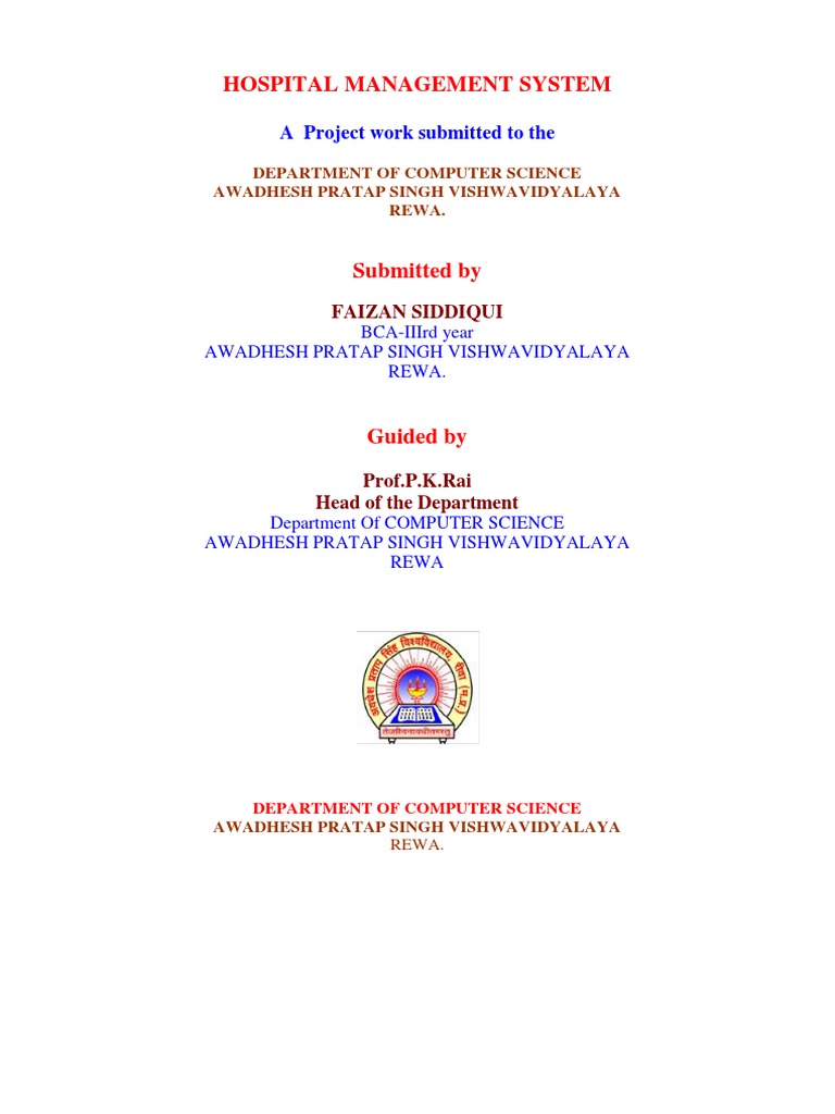 Hospital Management System: A Project Work Submitted To The | PDF ...