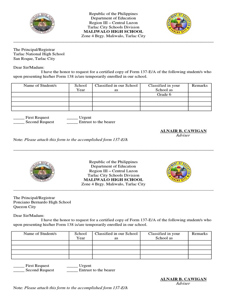 Request Form For Form 137 | PDF | Schools | Further Education