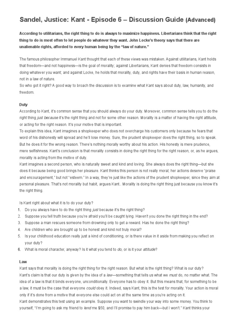 Justice Sandel - Kant Episode 6 | PDF | Immanuel Kant | Natural And Legal Rights