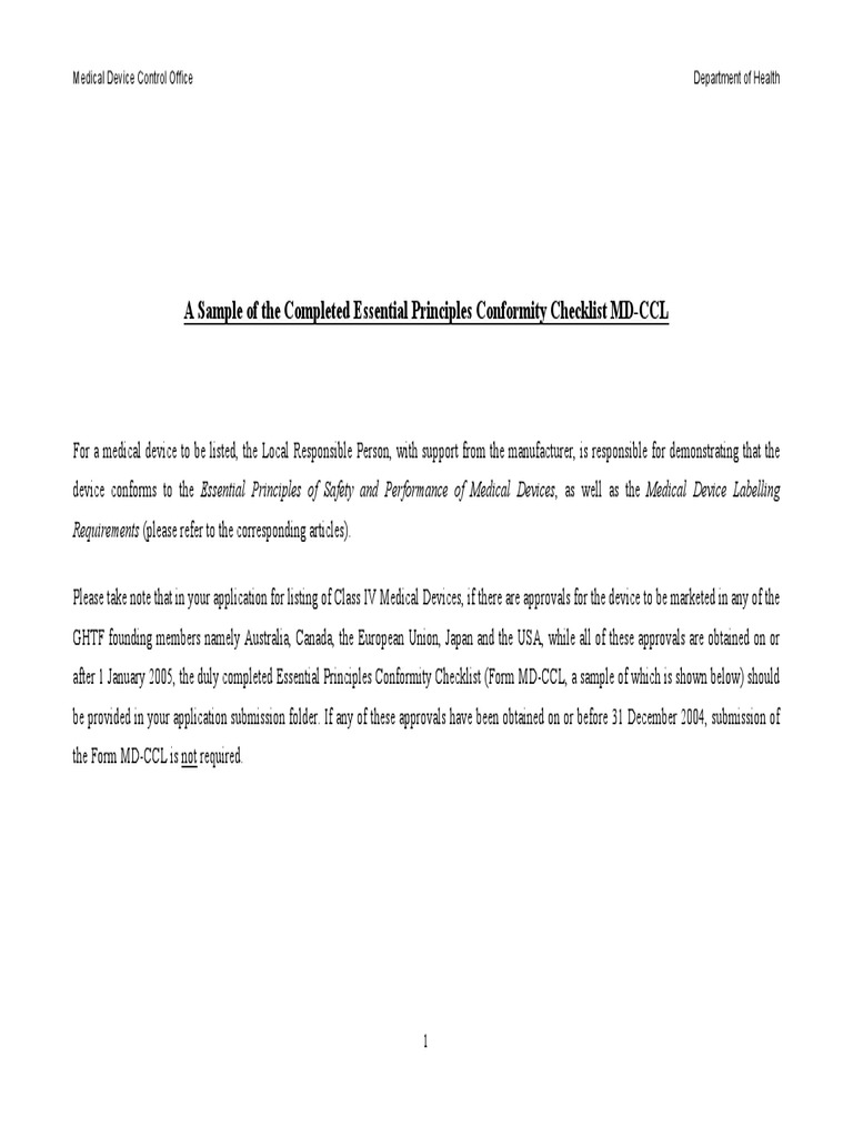 A Sample of The Completed Essential Principles Conformity Checklist MD ...