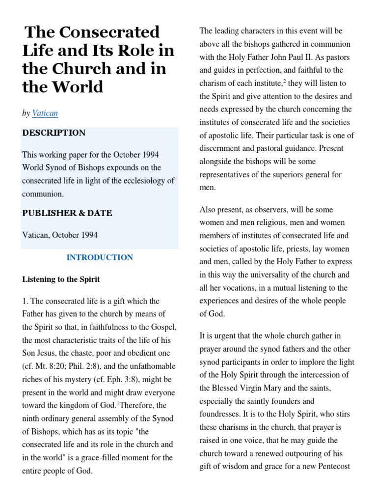 The Consecrated Life and Its Role in The Church and in The World | PDF ...