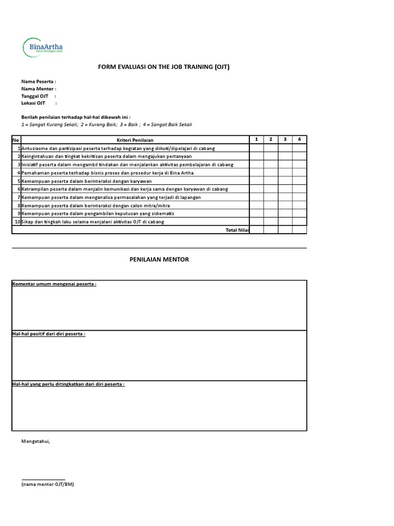 Form Evaluasi OJT | PDF
