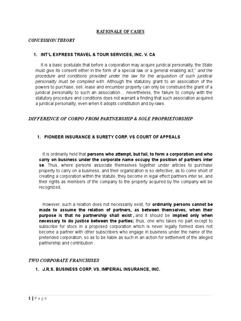 Corpo Rationale of Cases Midterms | PDF | Legal Personality | Piercing ...