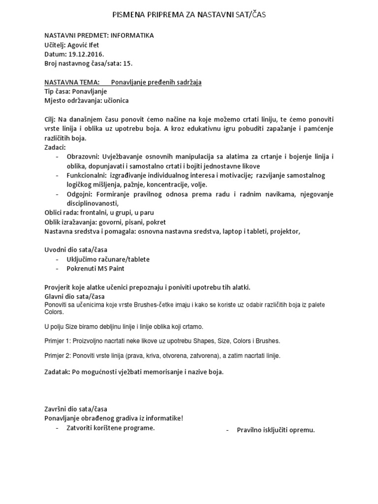 Pismena Priprema Za Nastavni Sat17 | PDF