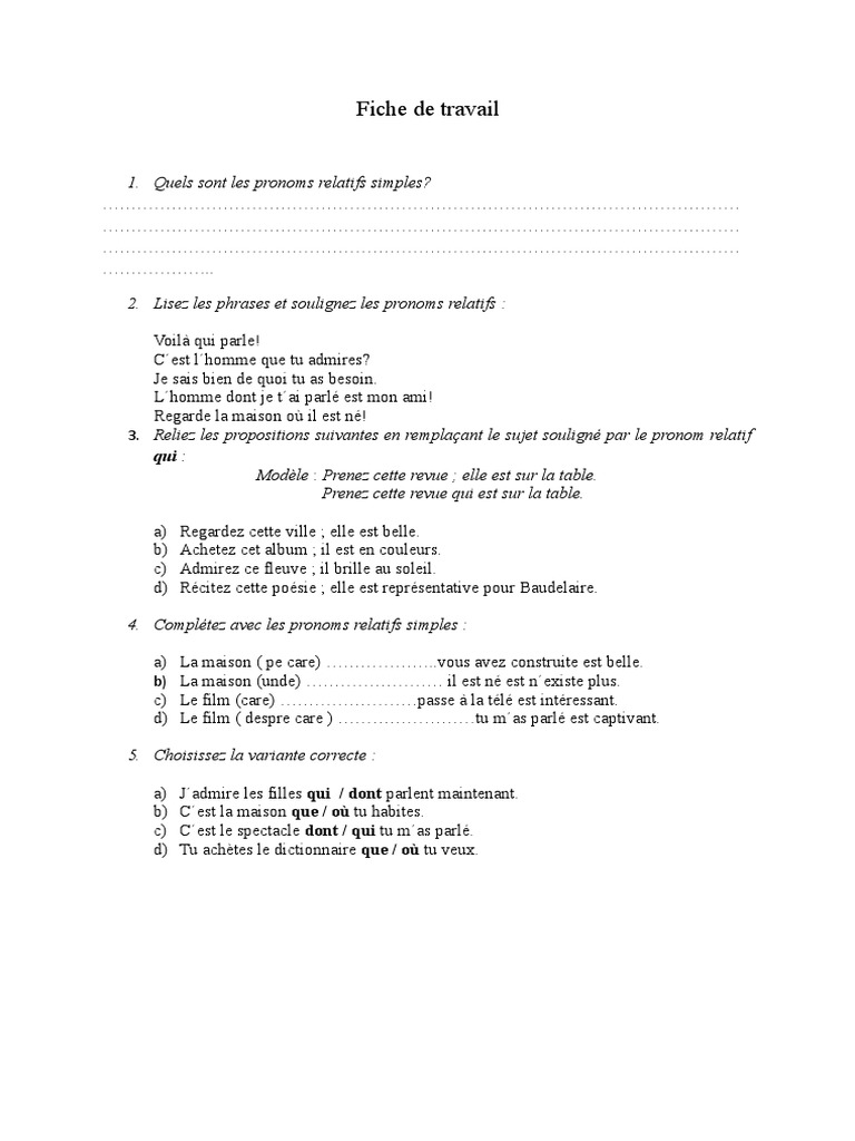 Exercices sur les pronoms relatifs | PDF