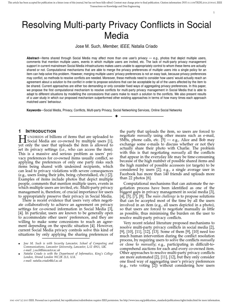 Resolving Multi-Party Privacy Conflicts in Social Media: Jose M. Such ...