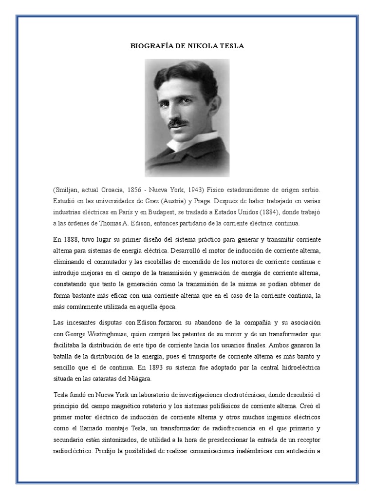 Biografía de Nikola Tesla | PDF | Nikola Tesla | Corriente alterna Biografía de Nikola Tesla | PDF | Nikola Tesla | Corriente alterna