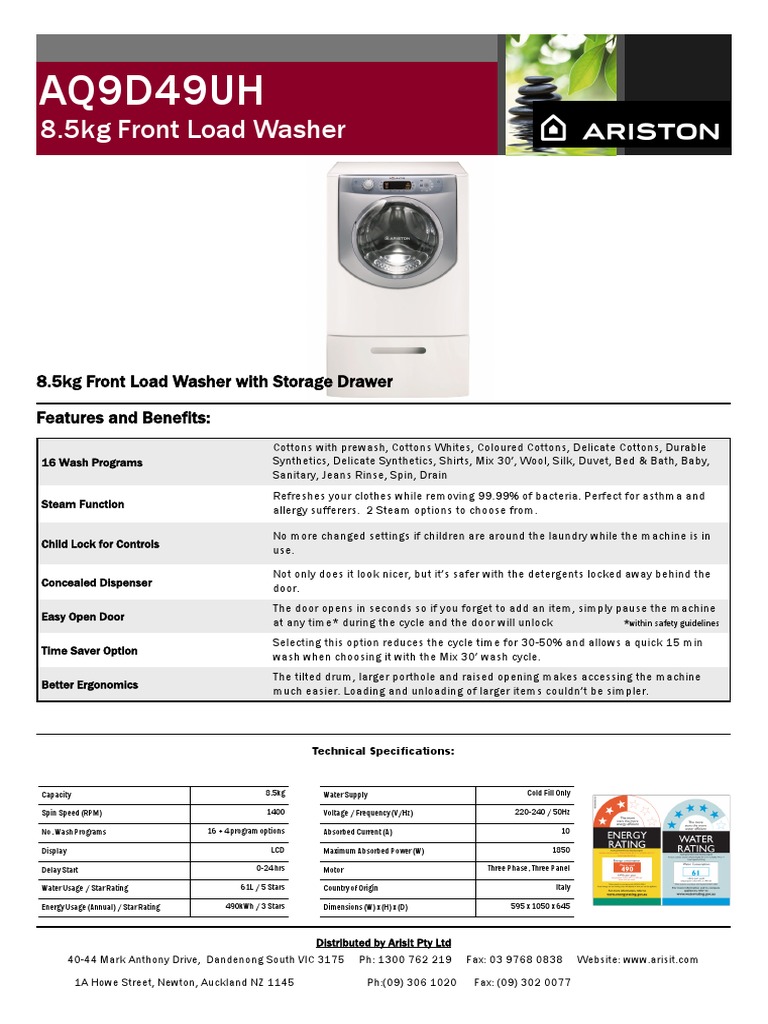 AQ9D49U Specification Sheet | PDF | Washing Machine | Electrical ...