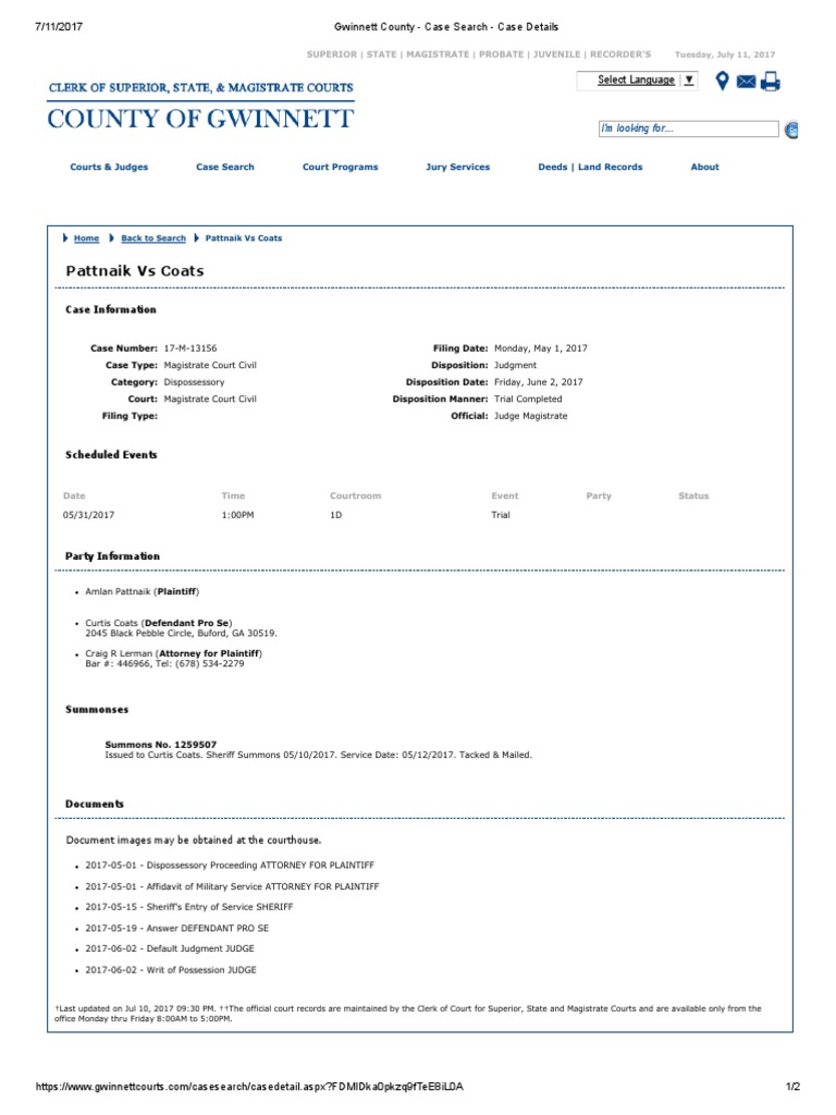 Eviction Notice Filed Against Curtis Coats in Gwinnett County, Ga ...