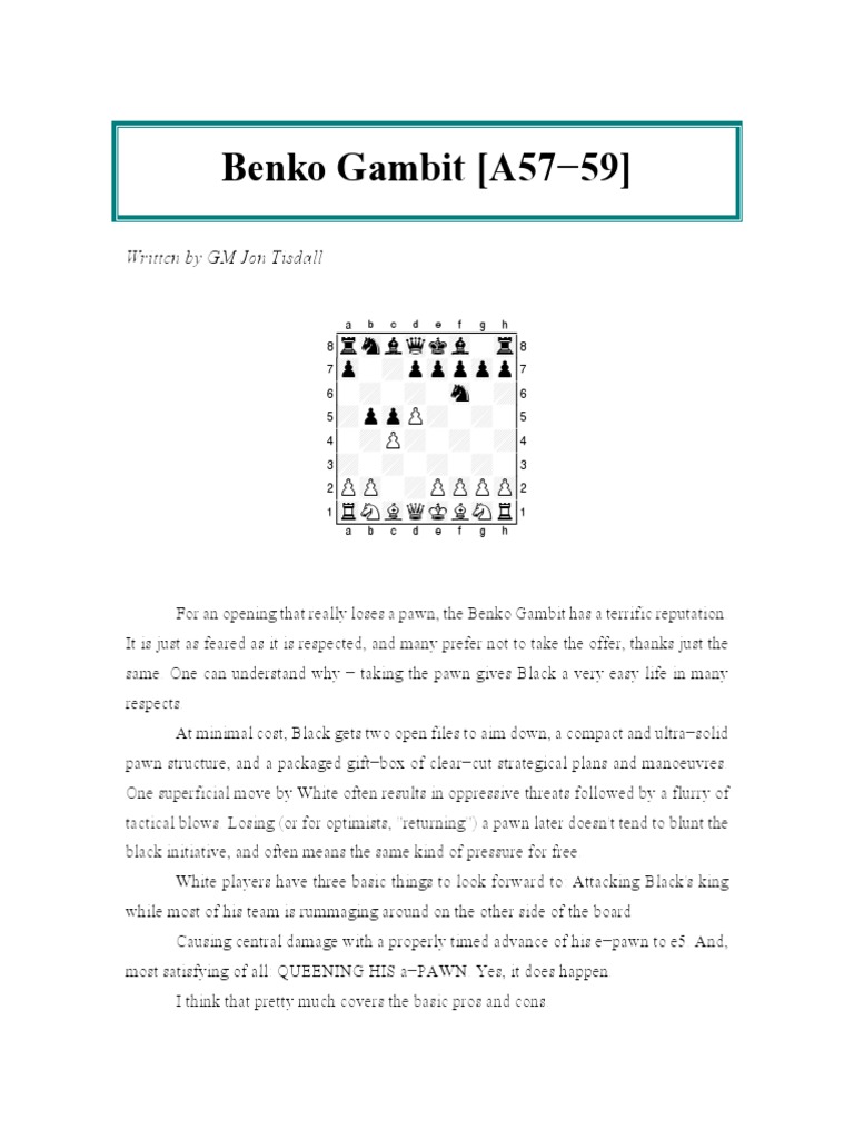 Benko (Volga) Gambit A57-A59 (Jon Tisdall, 2002) | PDF | Chess | Board ...