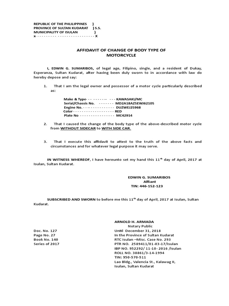 Affidavit of Change Body Type | Affidavit | Judiciaries