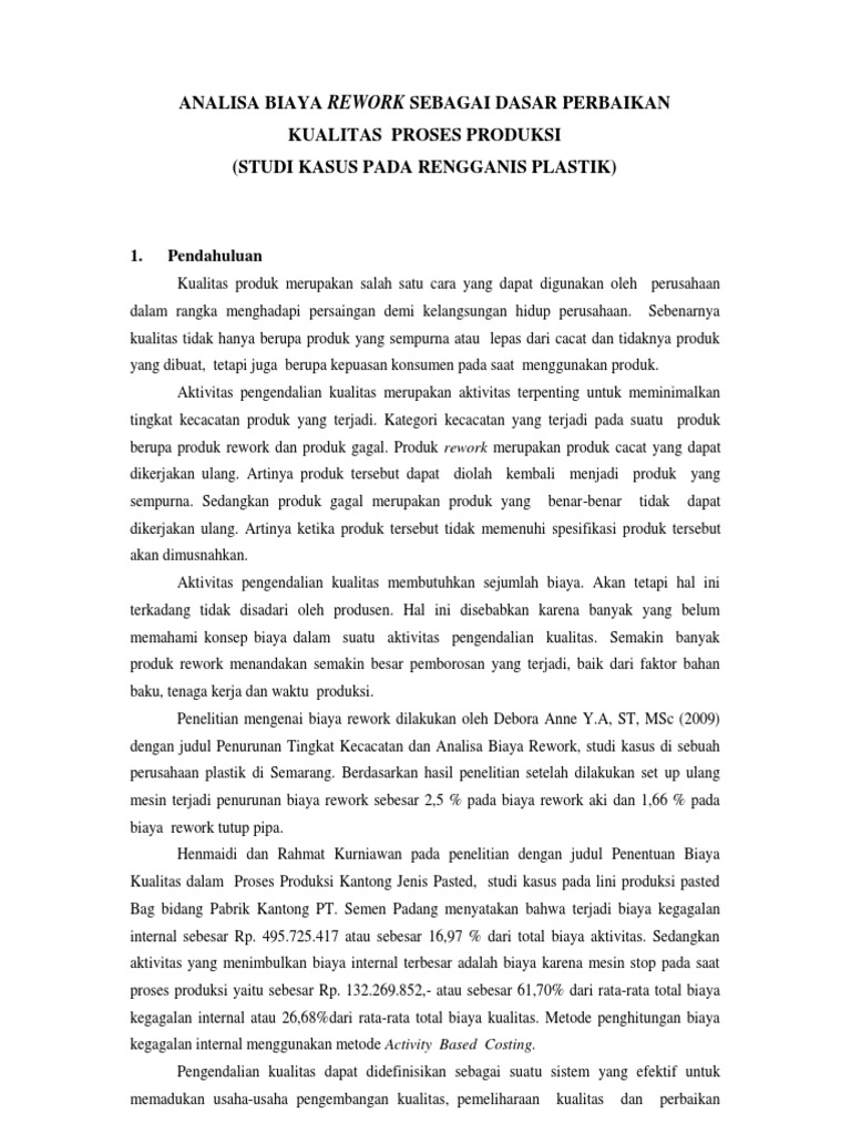 Analisa Biaya Rework Sebagai Dasar Perbaikan Kualitas Proses Produksi ...